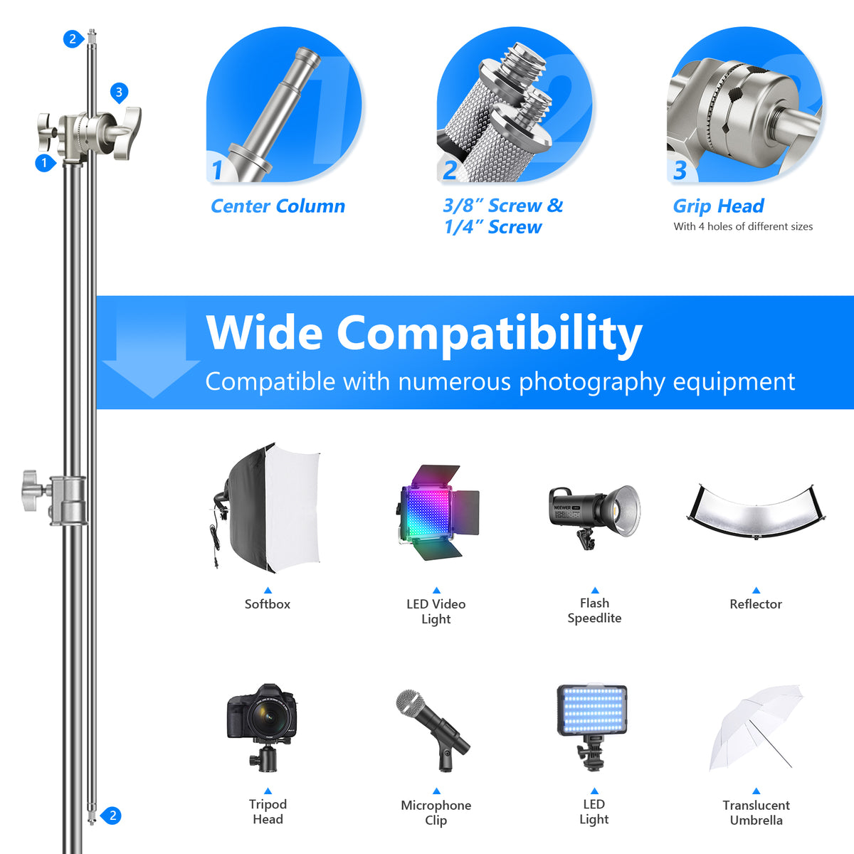 NEEWER SC320 320cm Stainless Steel C Stand with Boom Arm