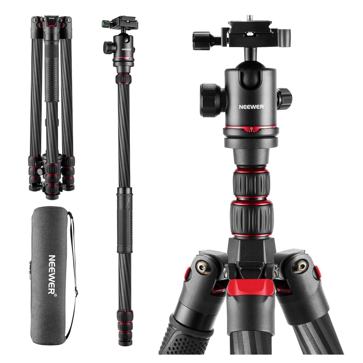 NEEWER N55CR Carbon Fiber Tripod with 2 Section Center Axes - NEEWER