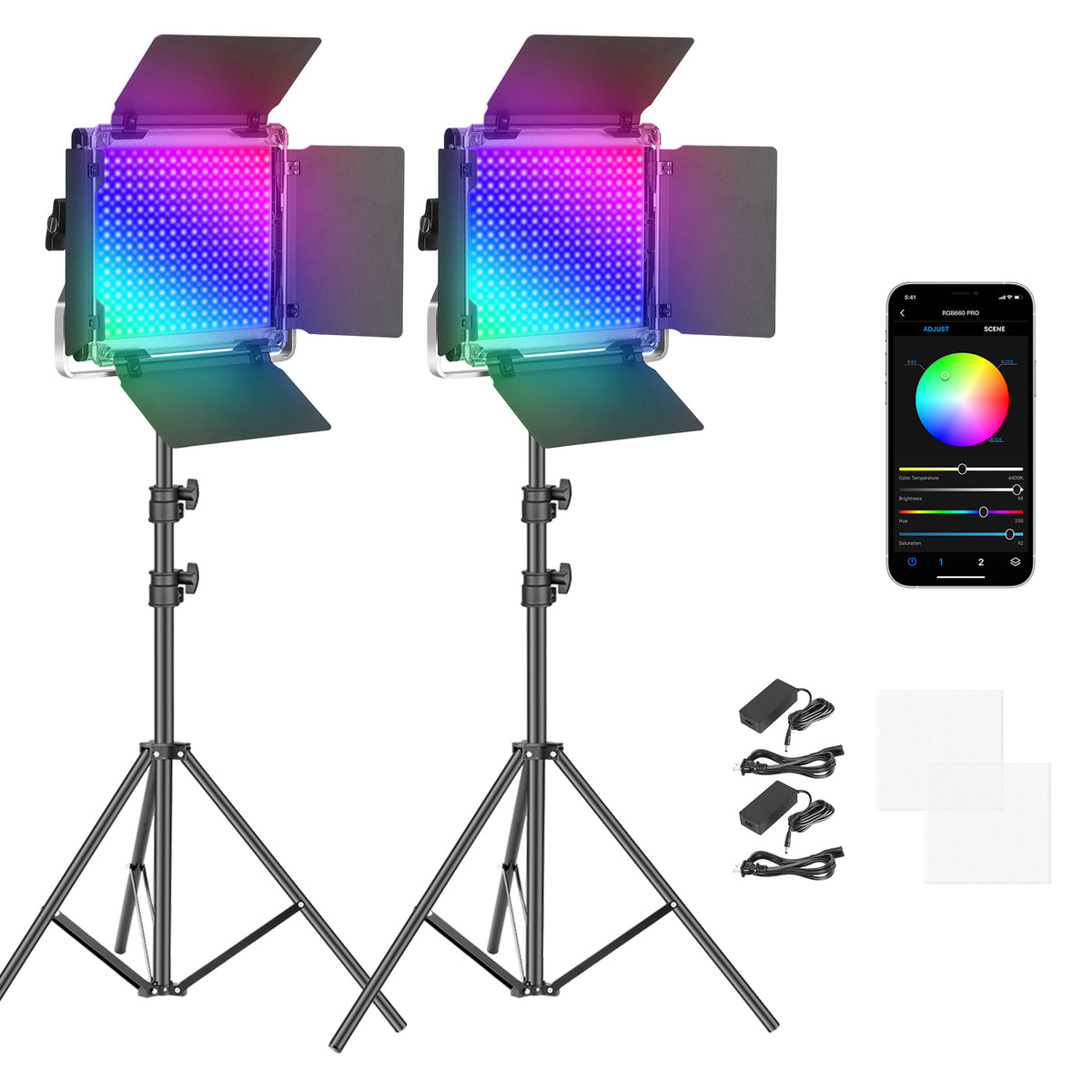 NEEWER 2 Pack RGB660 PRO LED Video Light with Stand Kit