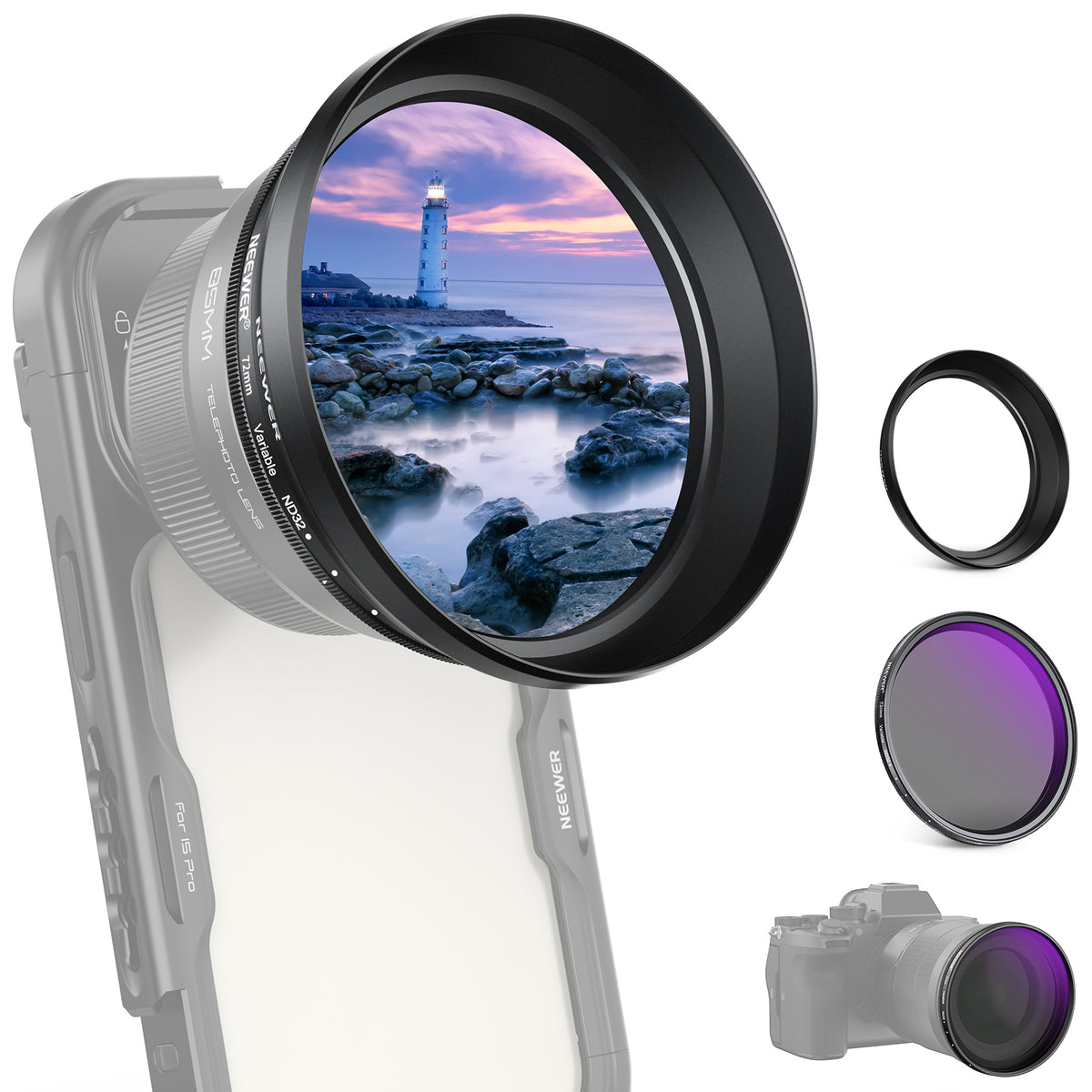 NEEWER 72mm Variable ND2-32 Filter for 85mm Telephoto Phone Lens
