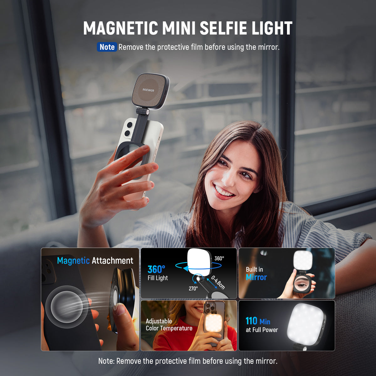 NEEWER NL48B Magnetic Selfie Light | Built-in HD Mirror
