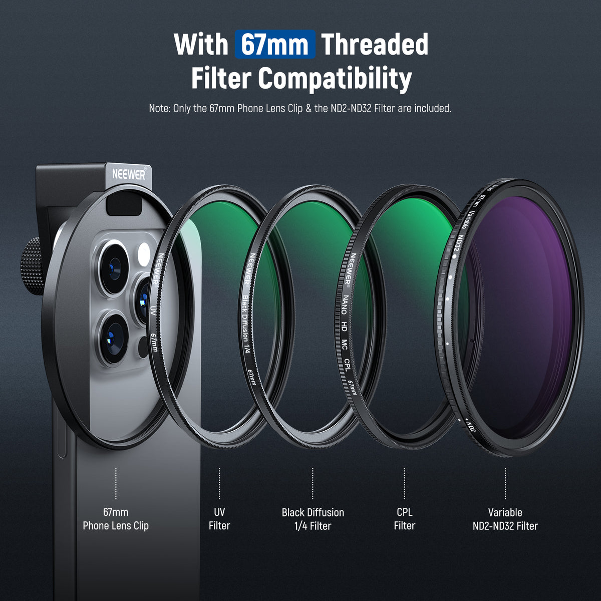 NEEWER 67mm Clip On Variable Filter Kit for Phone Lens