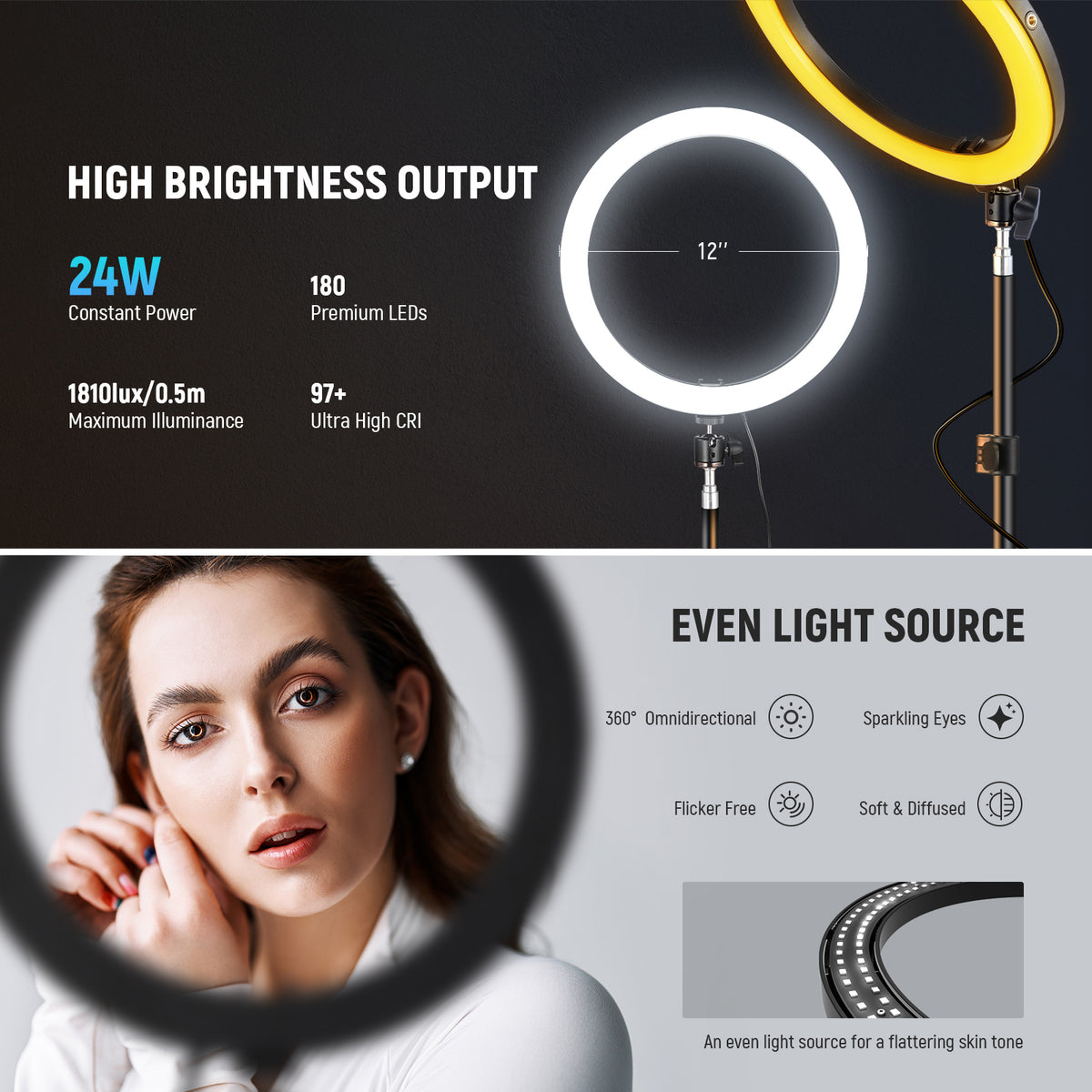 NEEWER RH12B 12" 24W High Power LED Ring Light