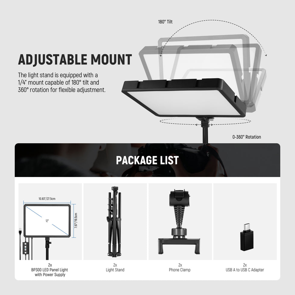 NEEWER BP300 Soft Bi-Color LED Panel Video Light Kit