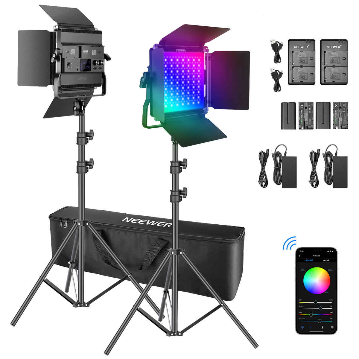 NEEWER 2 Pack P200 RGB LED Video Light Kit with APP Control
