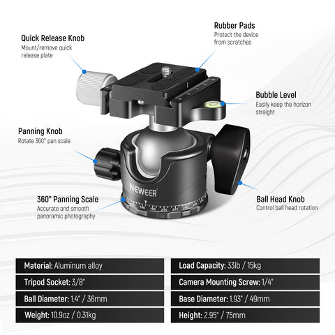 NEEWER GM36 36mm Metal Panorama Camera Tripod Ball Head - NEEWER