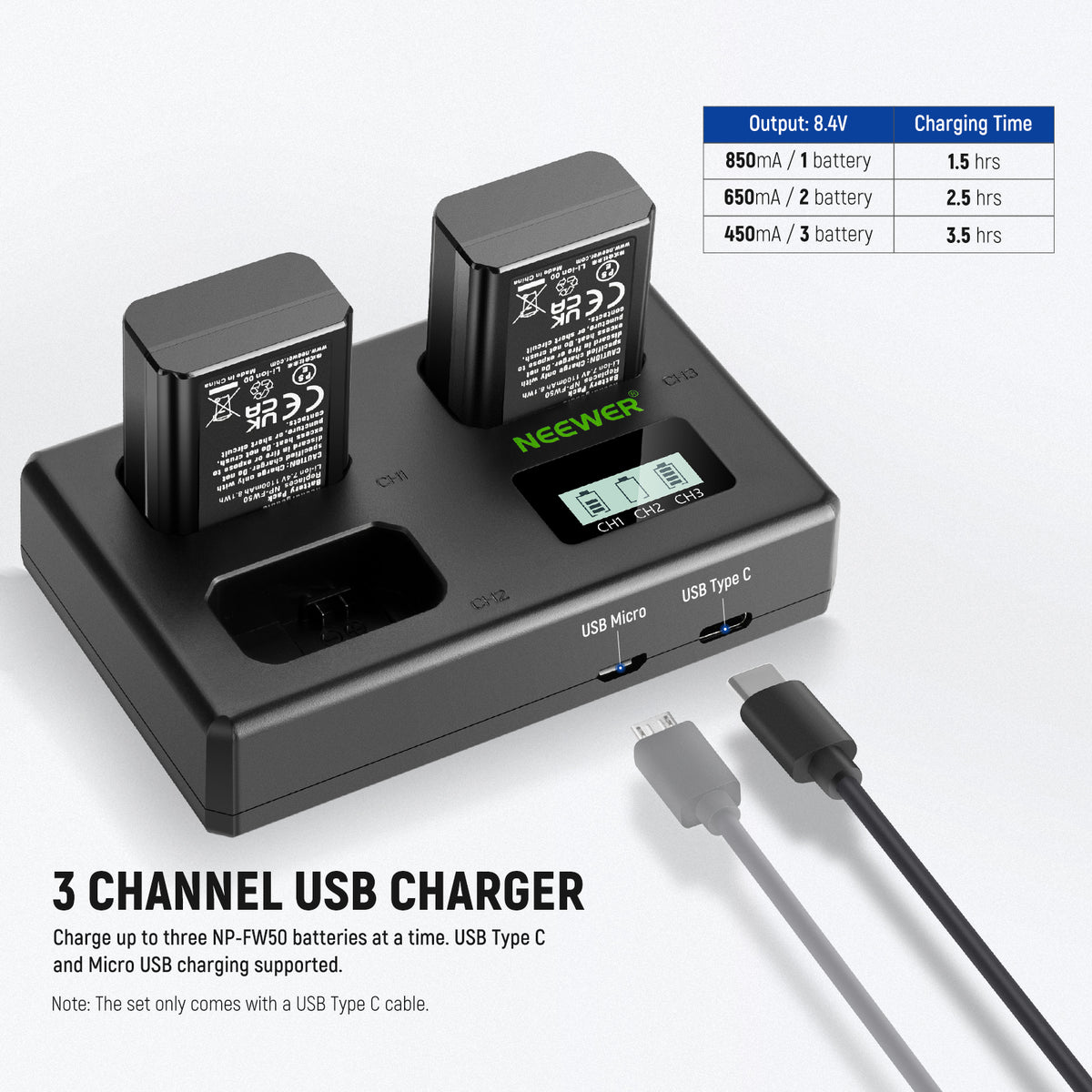 NEEWER NP-FW50 3 Pack Replacement Battery and Charger Set - NEEWER
