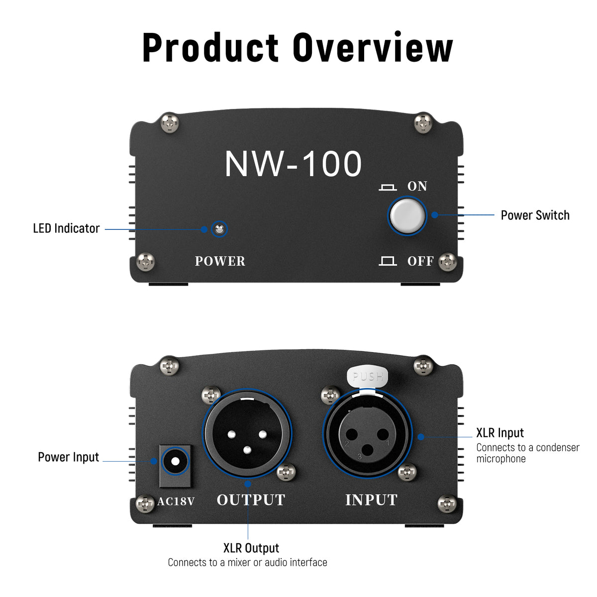 NEEWER NW-100 48V Phantom Power Supply with Adapter - NEEWER