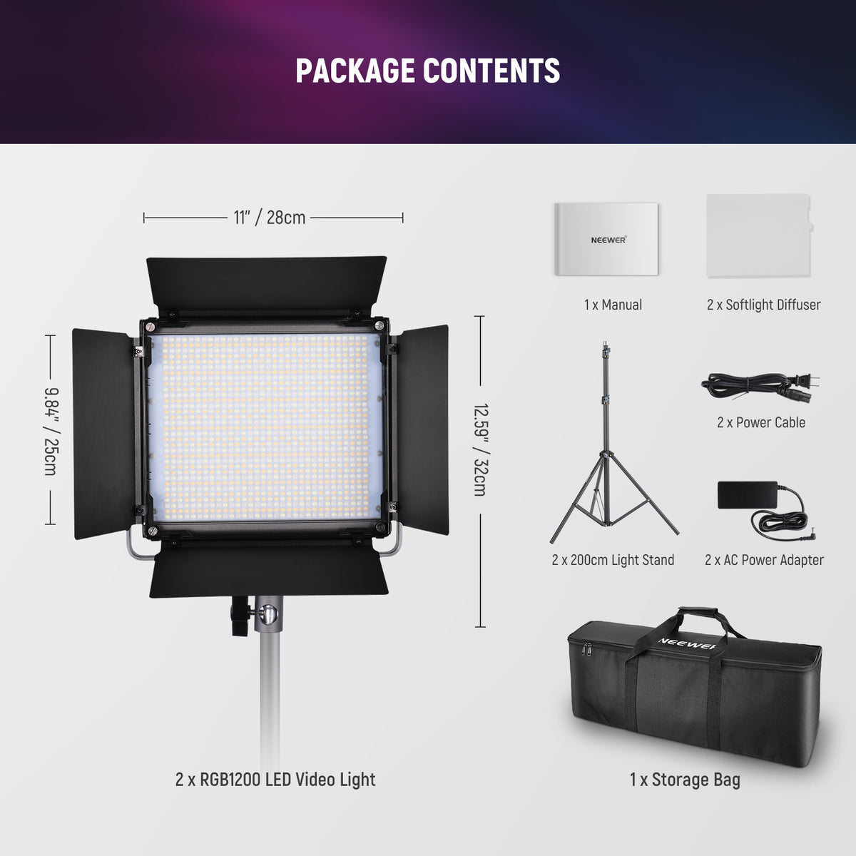 2 Pack NEEWER RGB1200 LED Panel Light | RGB Video Light